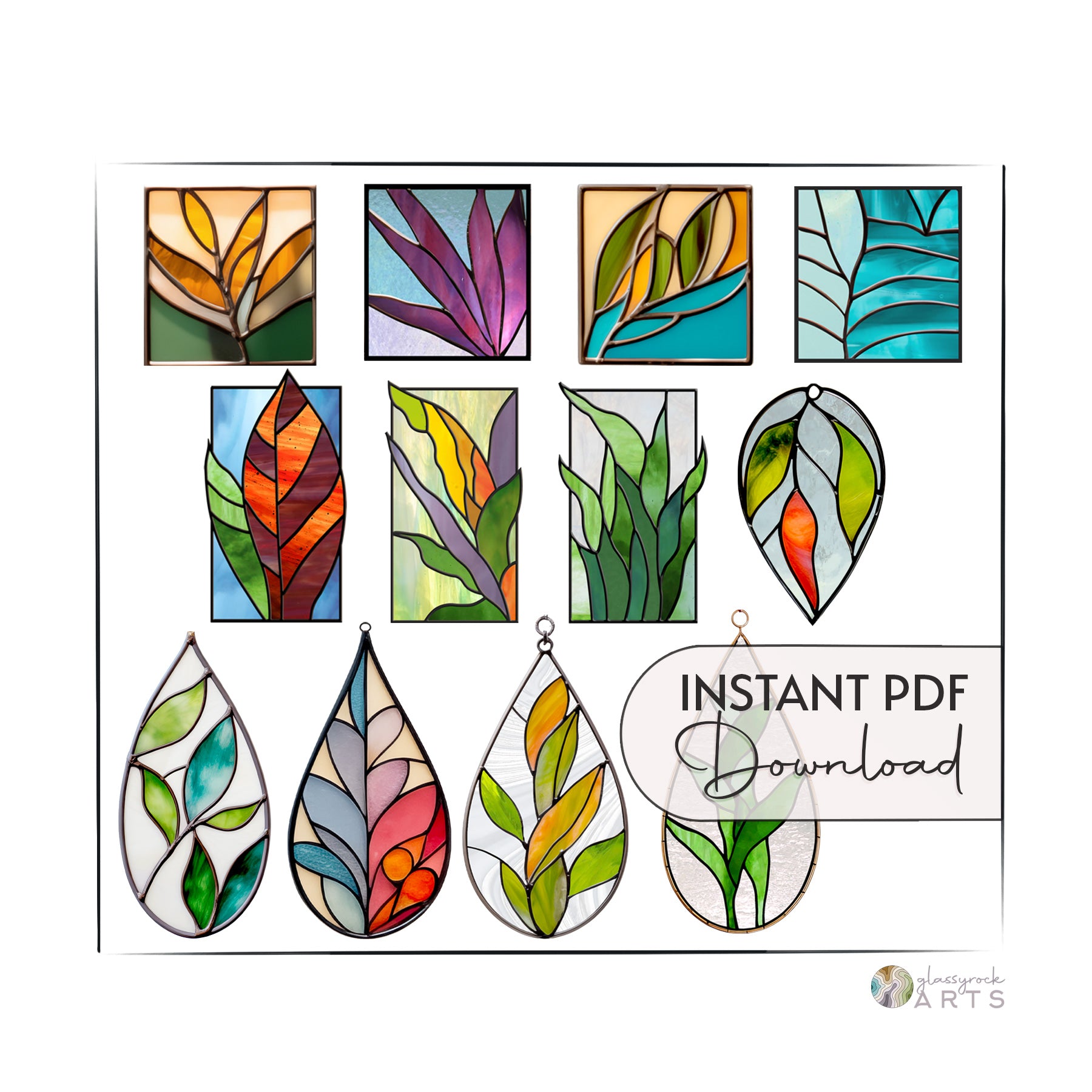 Modern Stained Glass Leaf Patterns Pack of 12 – GlassyRock Arts