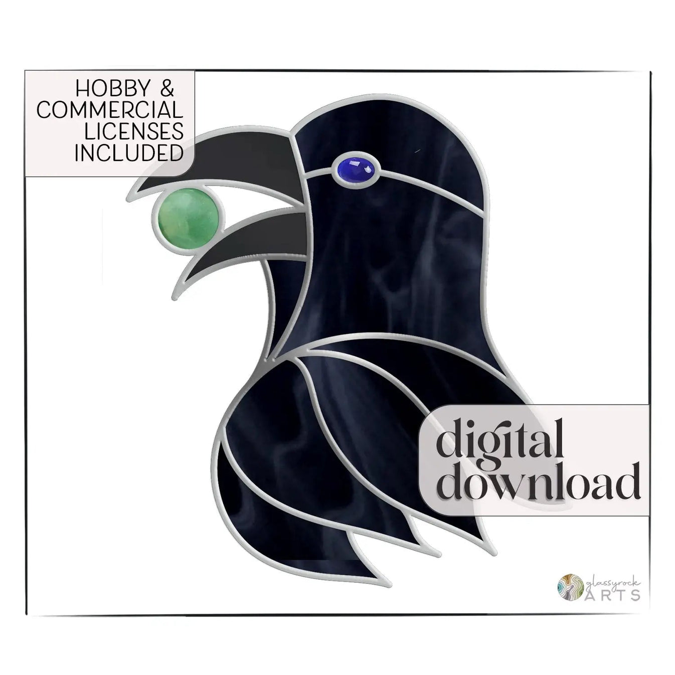 Gemstone Crow Stained Glass Pattern - GlassyRock Arts