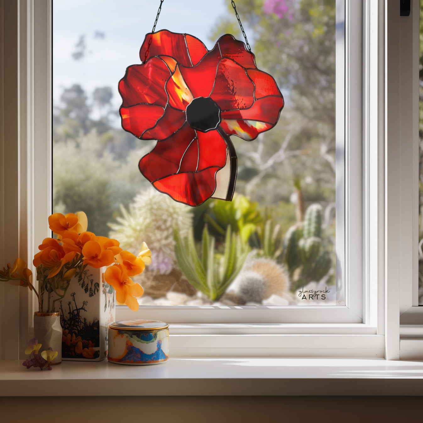 Poppy Stained Glass Flowers Pattern - GlassyRock Arts