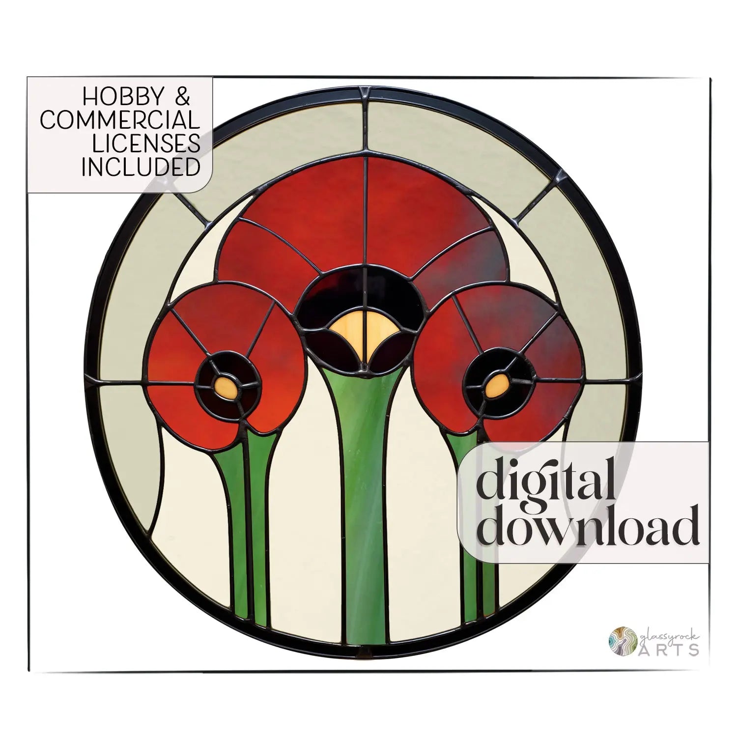 Prairie Poppies Round Stained Glass Pattern - GlassyRock Arts