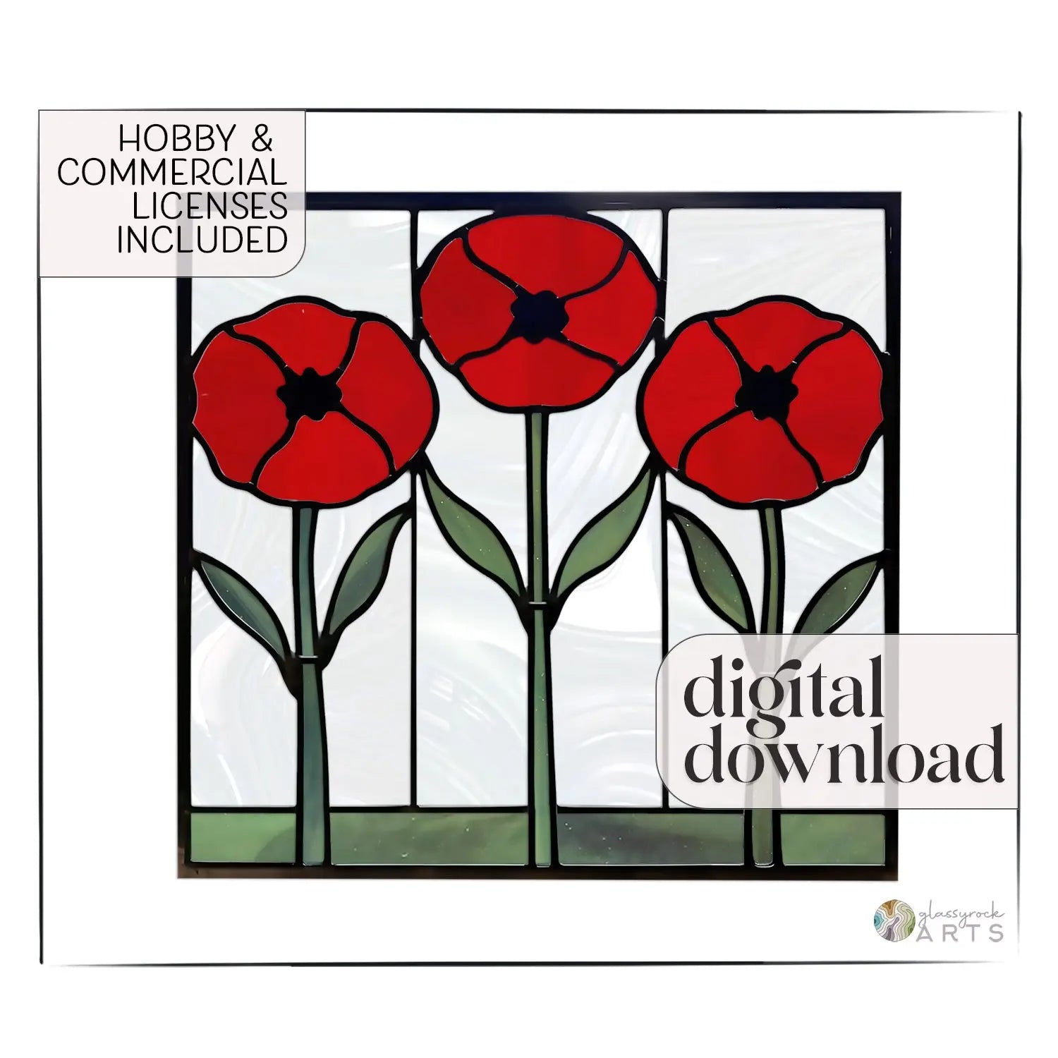 Prairie Poppies Panel Stained Glass Pattern - GlassyRock Arts