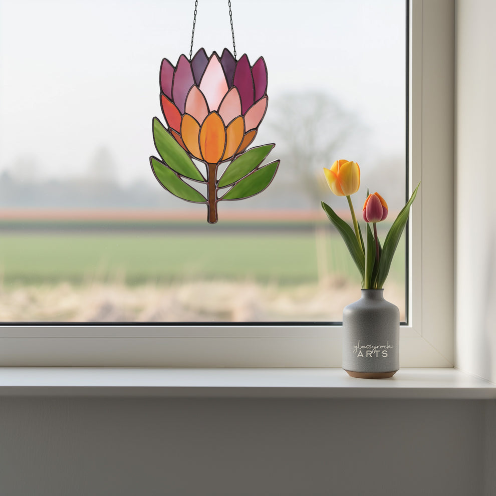 Protea Flower Stained Glass Pattern with PNG - GlassyRock Arts